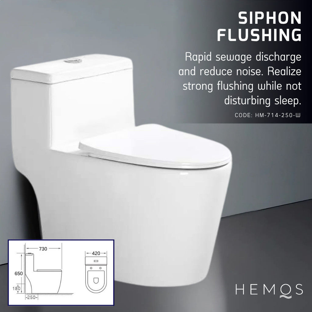 HEMOS BATHROOM WHITE CERAMIC ONE PIECE TOILET BOWL POWERFUL&QUIET DUAL ...