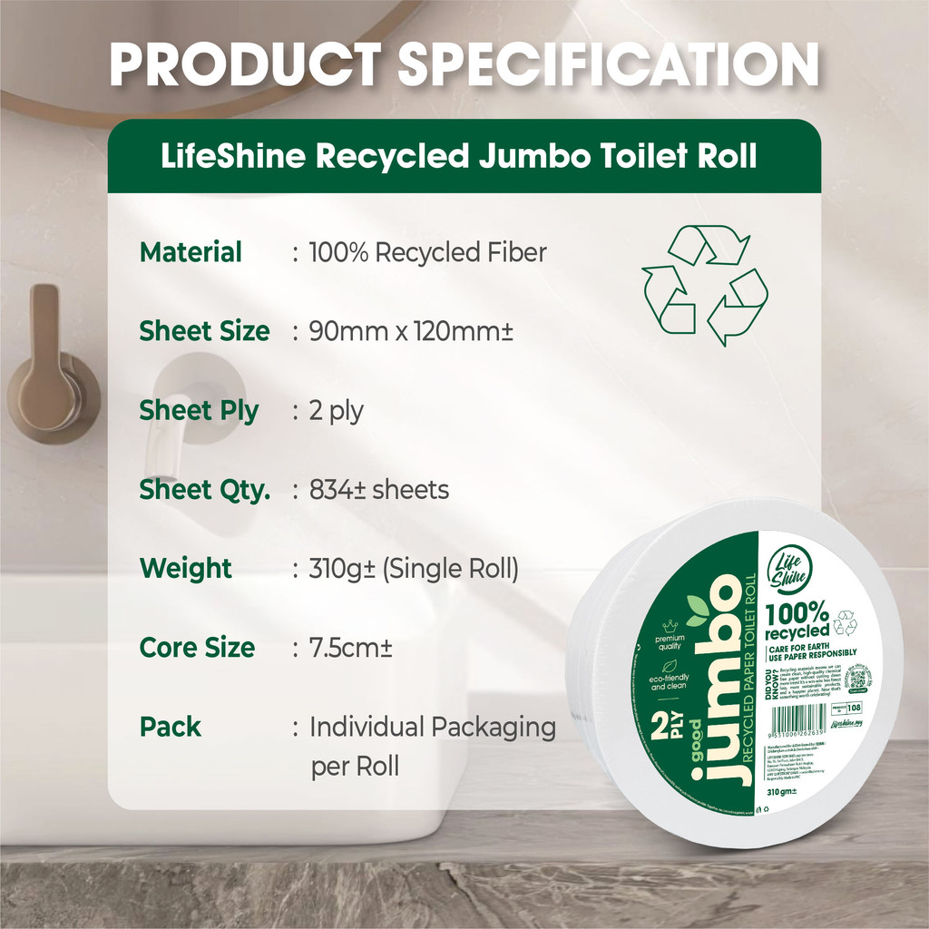 LifeShine Jumbo Recycled Tissue (3-Ply, 310g) – Single-Wrap & Cost ...