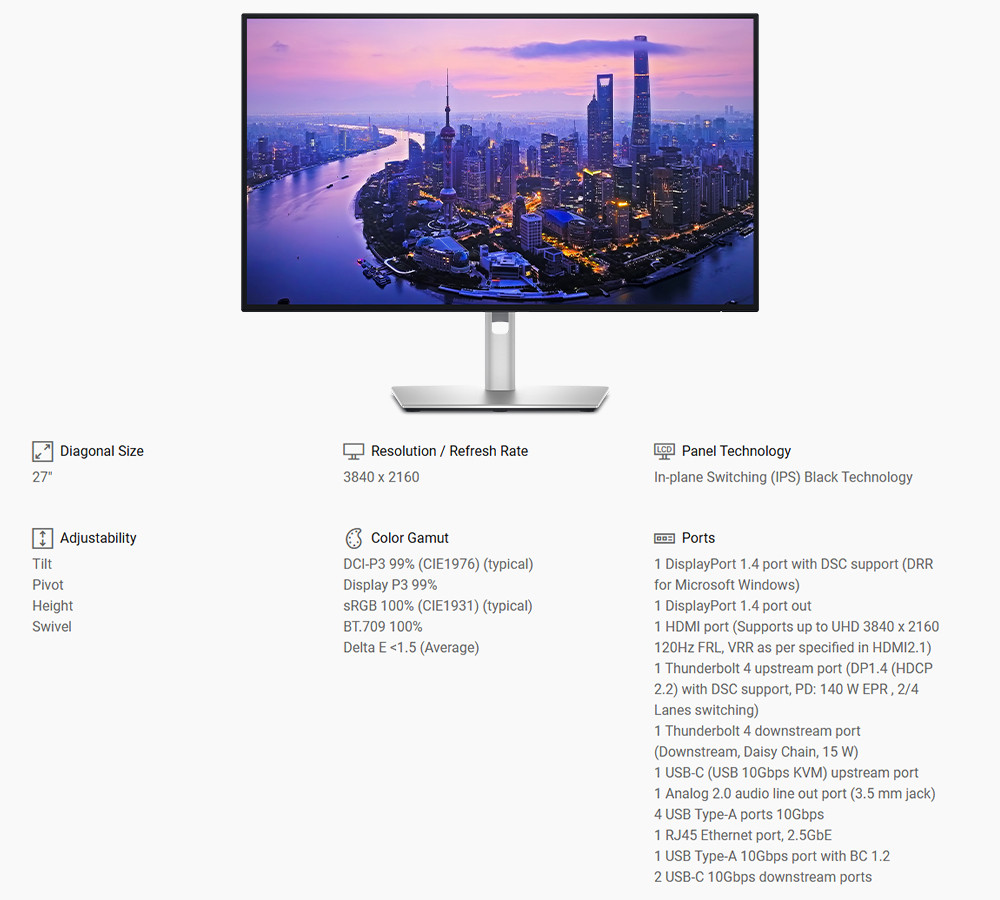 Dell UltraSharp U2725QE U2723QE 27" 4K UHD 3840 x 2160 120Hz 60Hz 3000:1 Contrast Thunderbolt ...