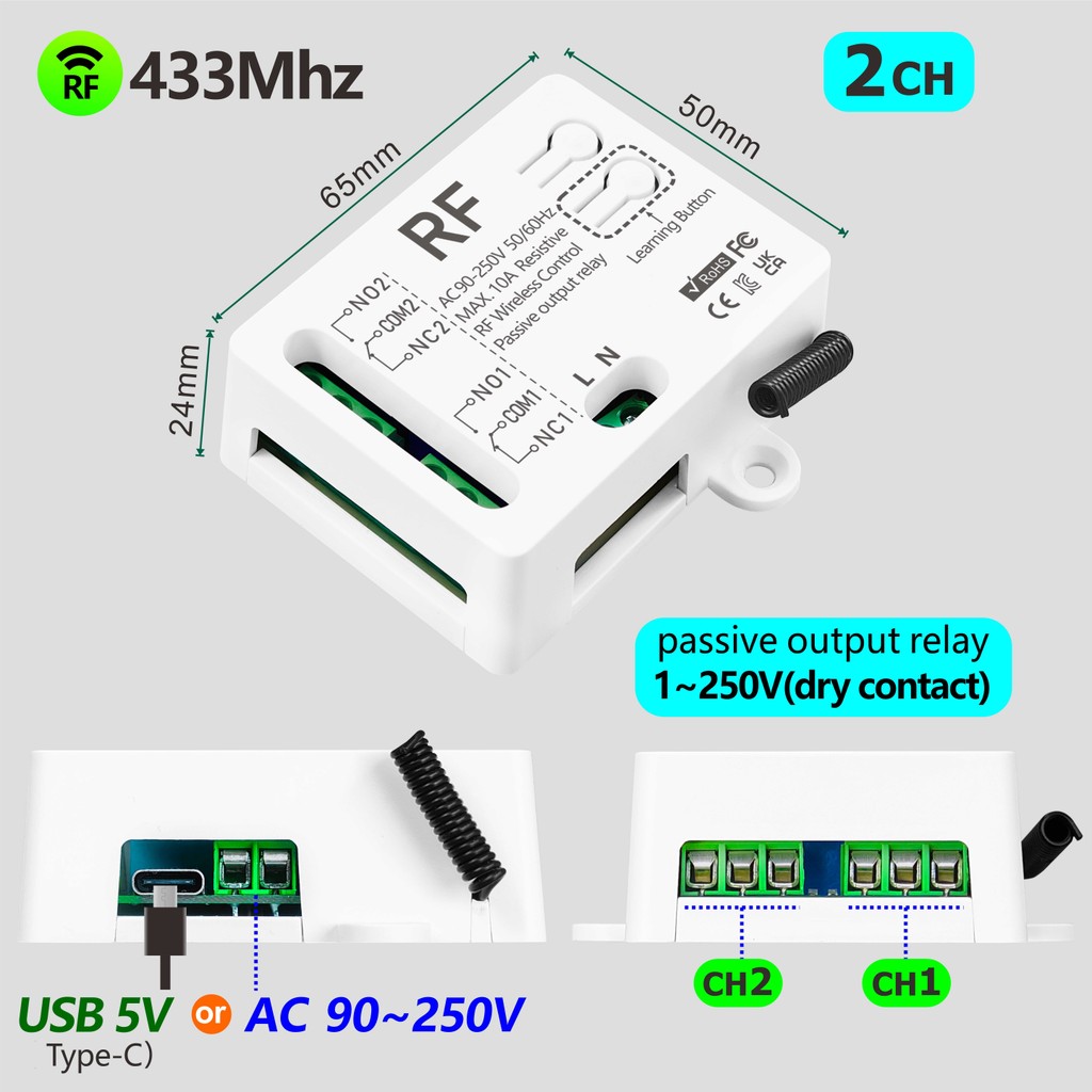 2 Way RF 433MHz Wireless Switch with Remote Control Relay Module, AC 90 ...