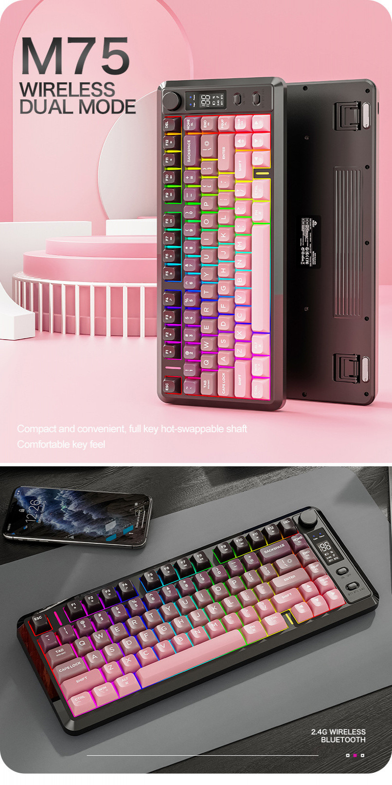 ZIYOULANG M75 Wireless Bluetooth Dual-Mode Mechanical Feel Keyboard PBT ...