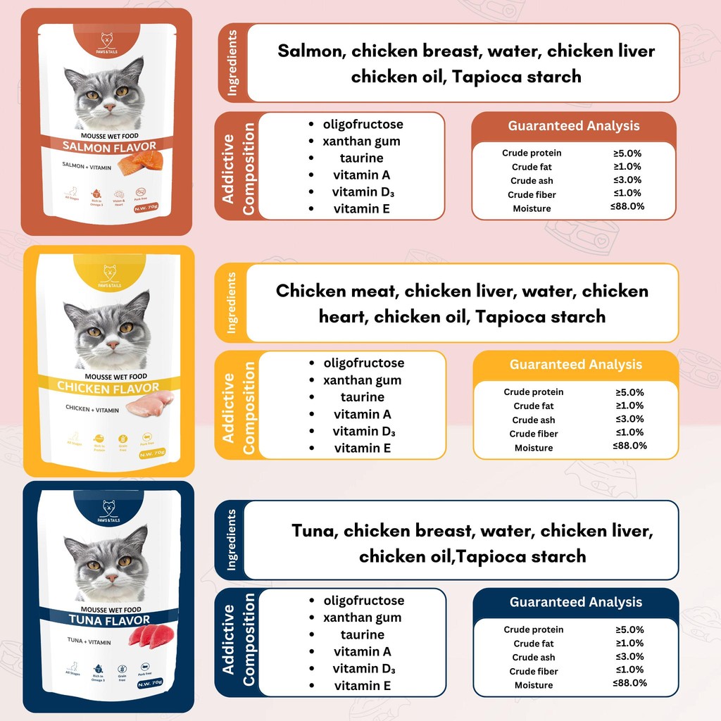 Paws&Tails Cat Mousse Wet Food Pouch Broth in Chicken/ Tuna/Salmon (70g ...