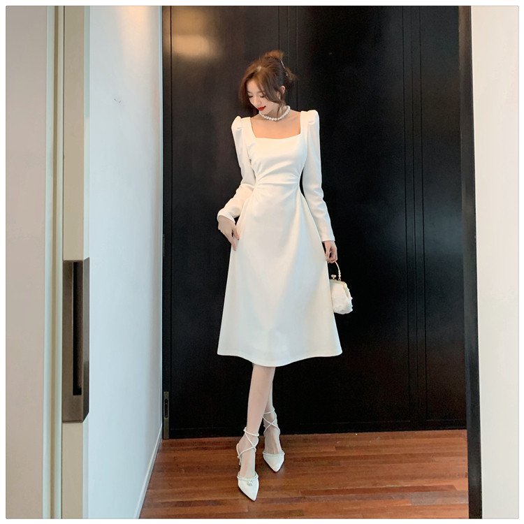 French Retro Vintage Plus Size Elegant Long Sleeve White Dress - Korean ...