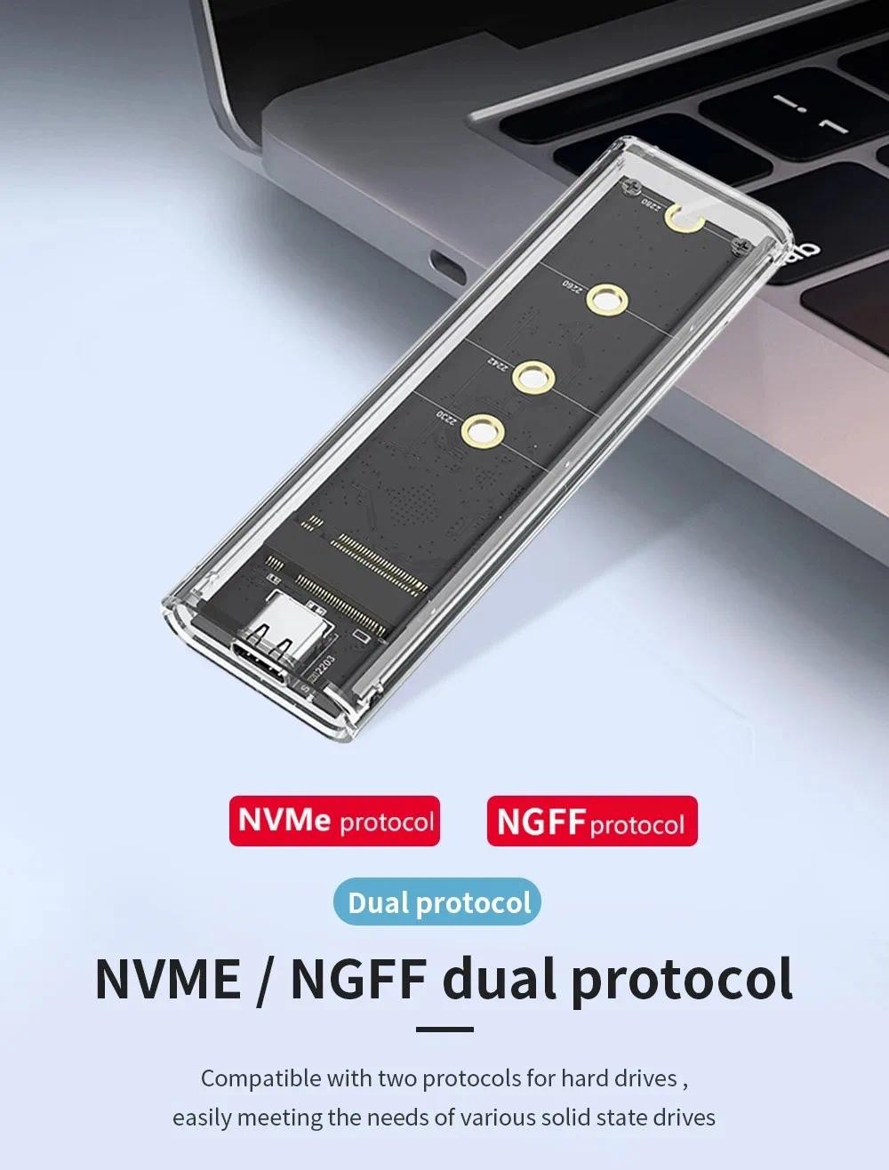 RGB M.2 NVME PCIe NGFF SATA Dual Protocol SSD Case Clear USB Type C 10Gbps PCI-E M2 SSD External ...