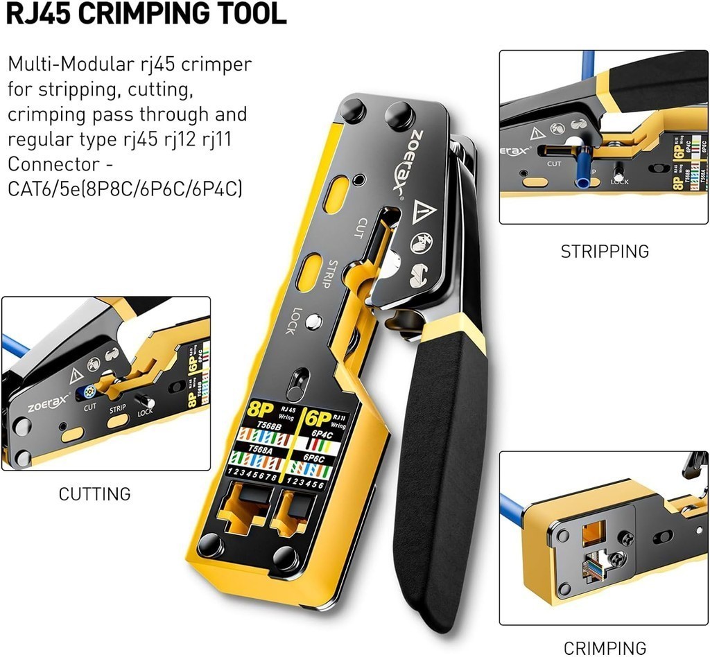 Zoerax RJ45 Crimp Tool Kit with Cable Tester, Multi Stripper, 50pcs ...