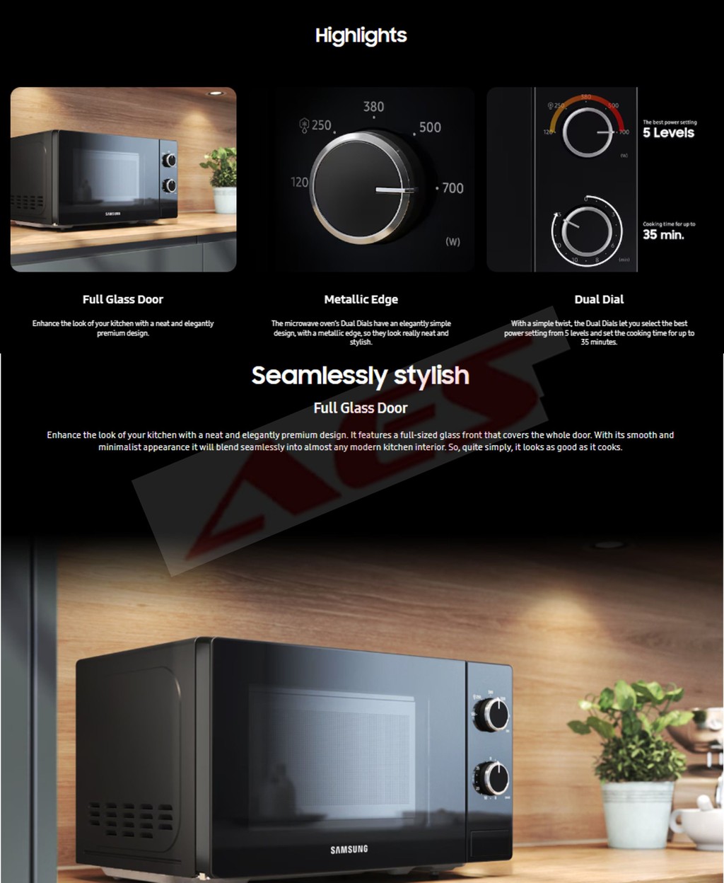 SAMSUNG MS20A3010AL/SM 20L DUAL DIAL SOLO MICROWAVE OVEN - FULL GLASS ...