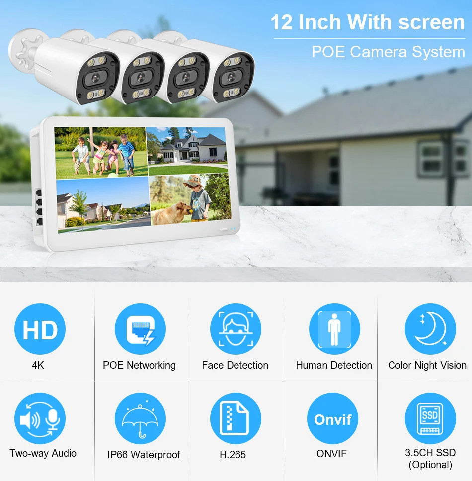 8CH POE NVR Set with 12 Inch LCD Monitor 4K 8MP 4MP POE Camera System ...