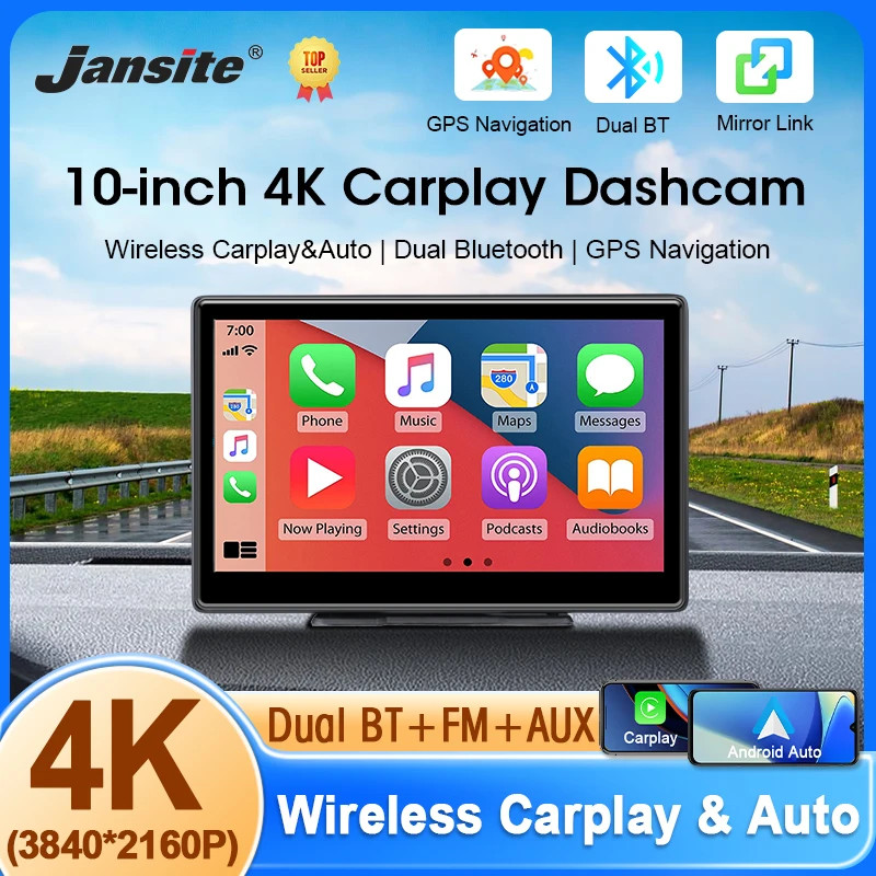 Jansite 10 Inch 4K DVR Dashcam Wireless Carplay Android Auto Smart Carplay Screen AUX FM ...