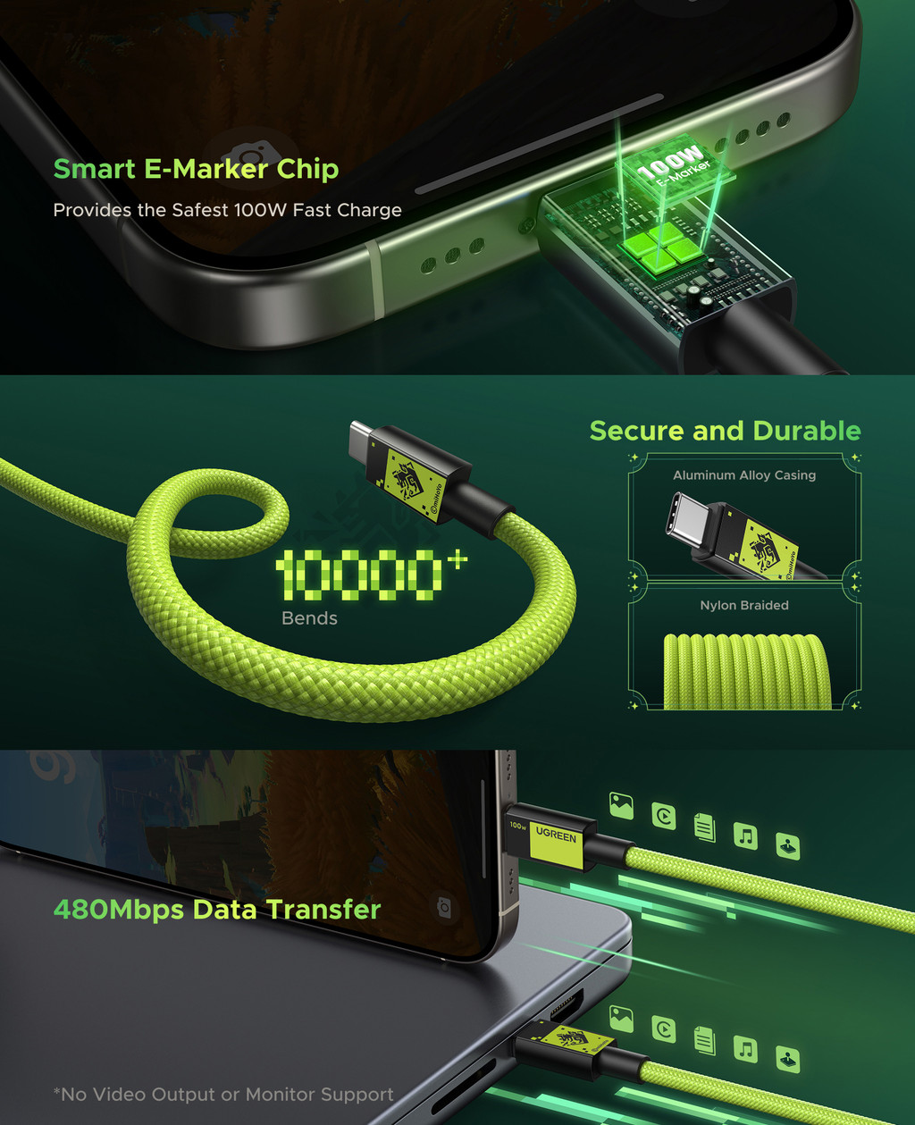 UGREEN USB C to C Cable 100W PD Fast Charging 5A Cable Nylon Braided ...