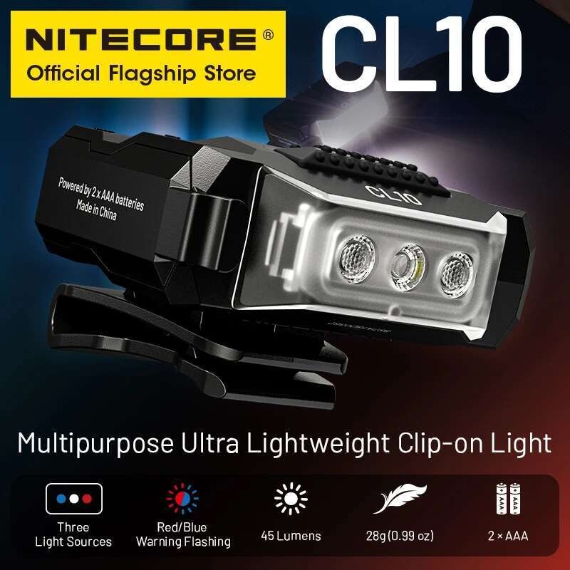 NITECORE CL10 Clip-on Light 45 Lumens White Light Red Blue Warning ...