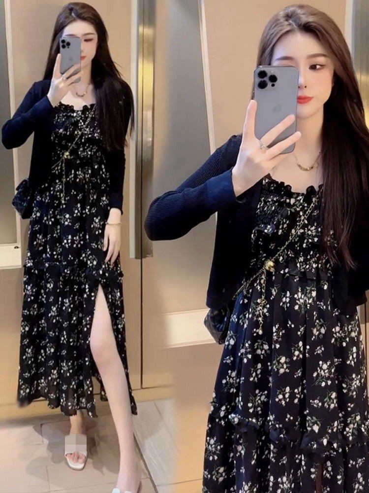 Retro Jacket Cardigan Sling Floral Dress Women Summer 2025 French Style ...
