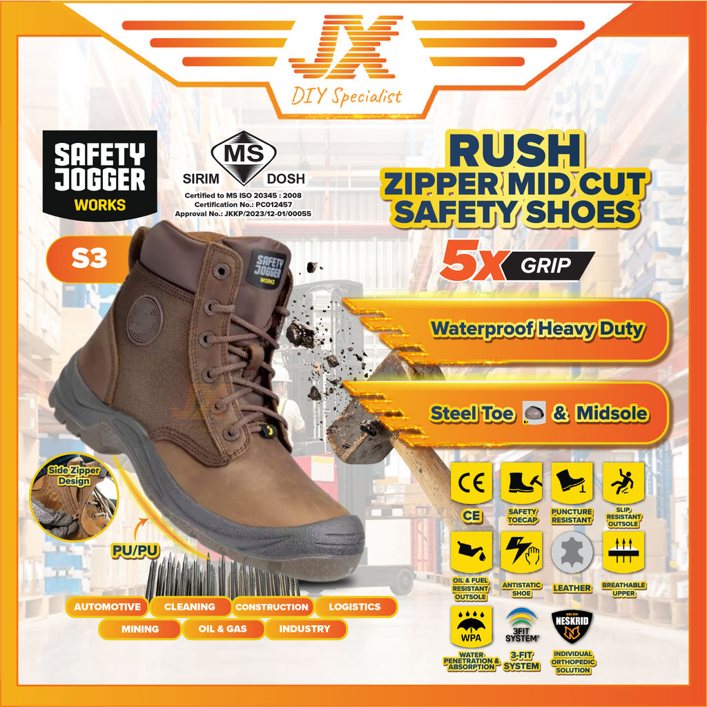Safety Jogger Safety Shoes RUSH Safety Shoes with Zip Brown Middle Cut ...