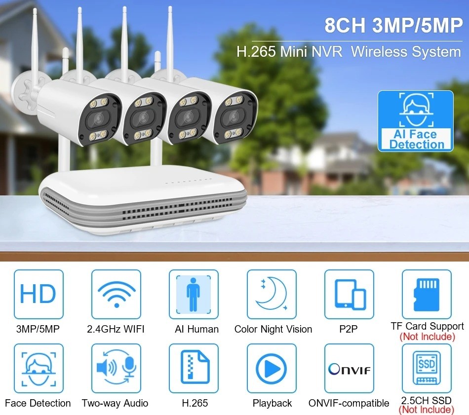Wireless CCTV System Wifi Camera Kit 3MP/5MP HD Security Audio AI Face ...