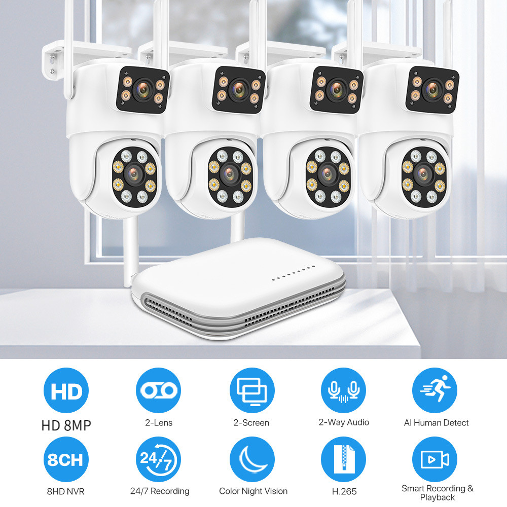 Wireless 8CH NVR CCTV System 8MP Outdoor 2-Lens WIFI Camera 2-Way Audio ...