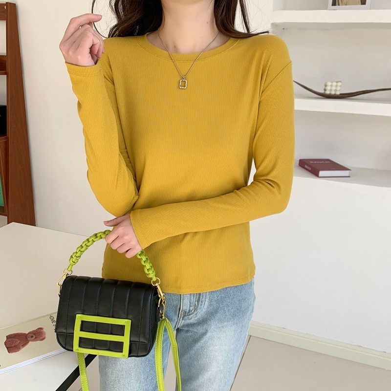 Women threaded cotton t shirt long-sleeved tshirts Plain Loose shirts ...