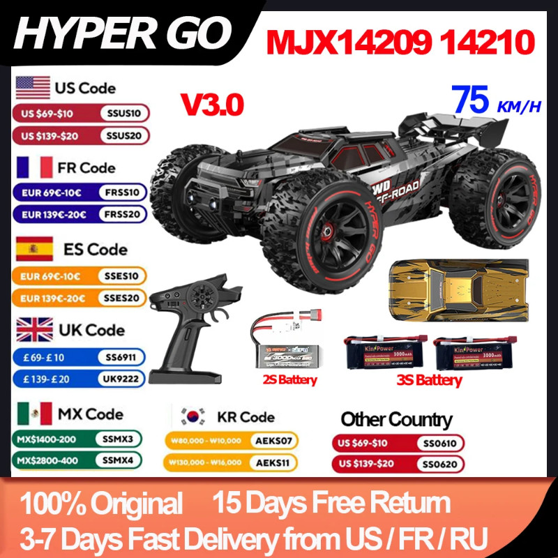 HYPER GO 75km/h MJX 14209 14210 V3.0 1/14 RC Car Brushless 2.4G Remote ...