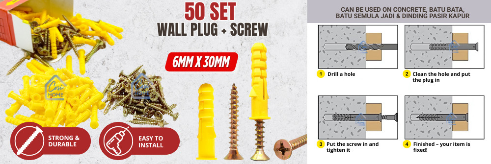 [50 SET] Plug Dinding + Skru 6MM x 30MM Wall Plug Anchor Drill Kayu ...