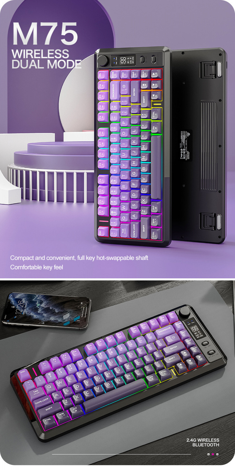 ZIYOULANG M75 Wireless Bluetooth Dual-Mode Mechanical Feel Keyboard PBT ...