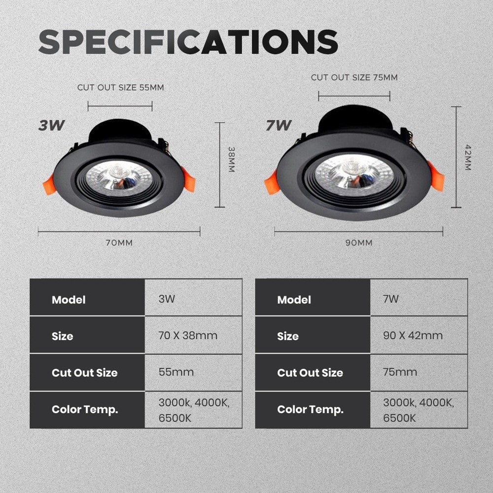 LED Eyeball 3W/7W Black/White LED Recessed Spotlight 240V 3 Colour LED ...