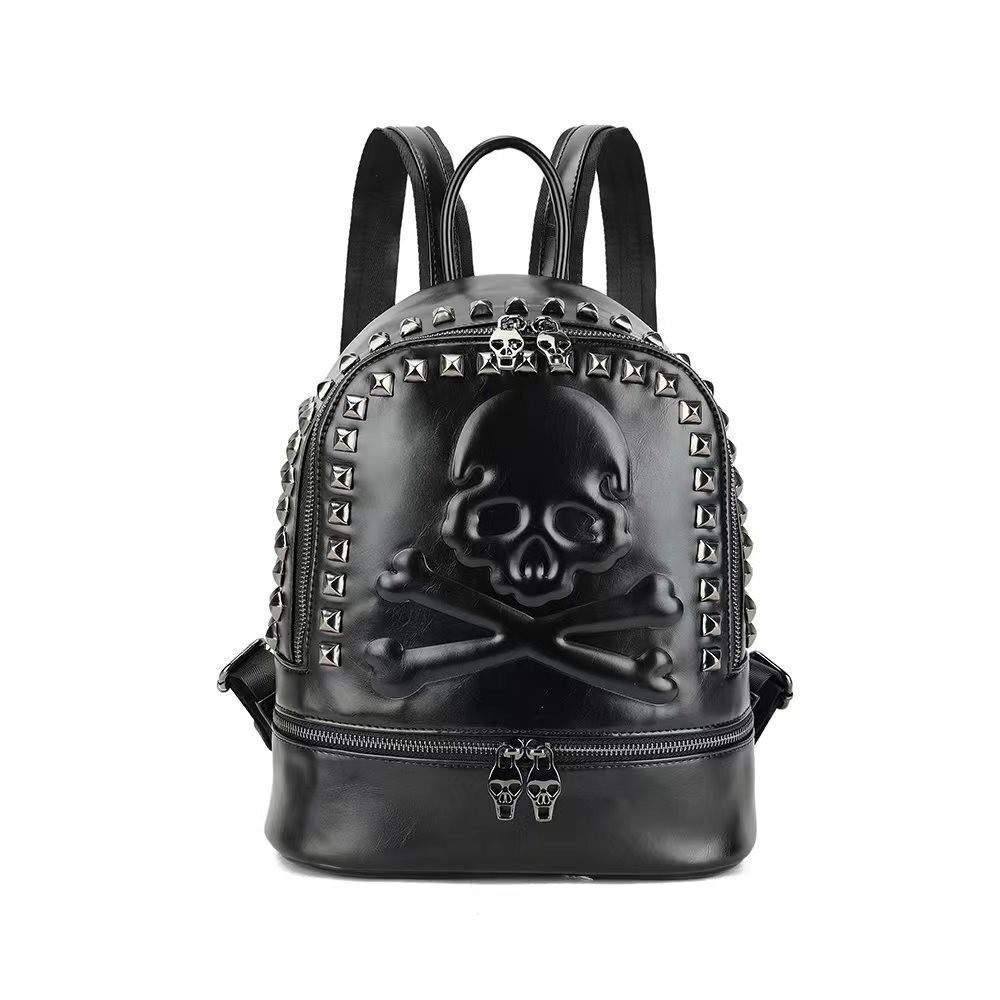 Casual Backpack Skull Rivet Backpack Niche Design Trendy Cool Black ...