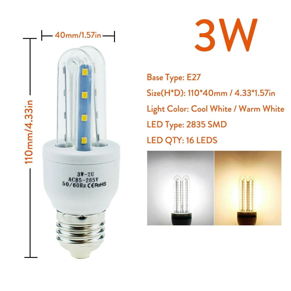 LED U-Shape Bulb 7W/9W/12W E27 Cool Warm White Light 2800K 6500K Energy ...