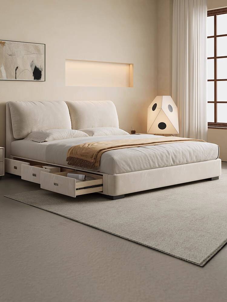 Style Fabric Cream Bed New JY High Box Bed Master Bedroom Modern Simple ...