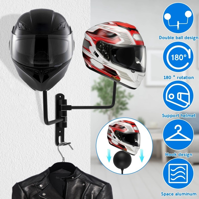 180 Rotating Motorcycle Helmet Rack Wall Mounted with Double Hook ...