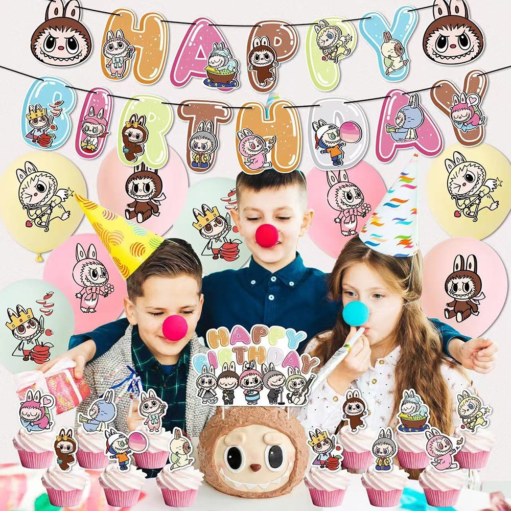 Jom Party Labubu Happy Birthday Set Balloon Cake Topper Banner Cupcake ...