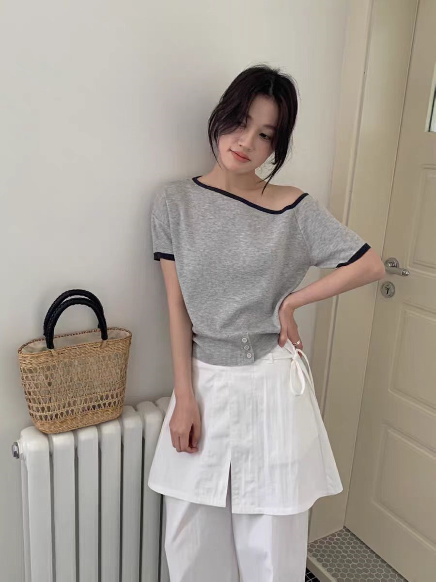 Slanted Shoulder Striped T-shirt Women Short Sleeve Slim Casual Knitted ...