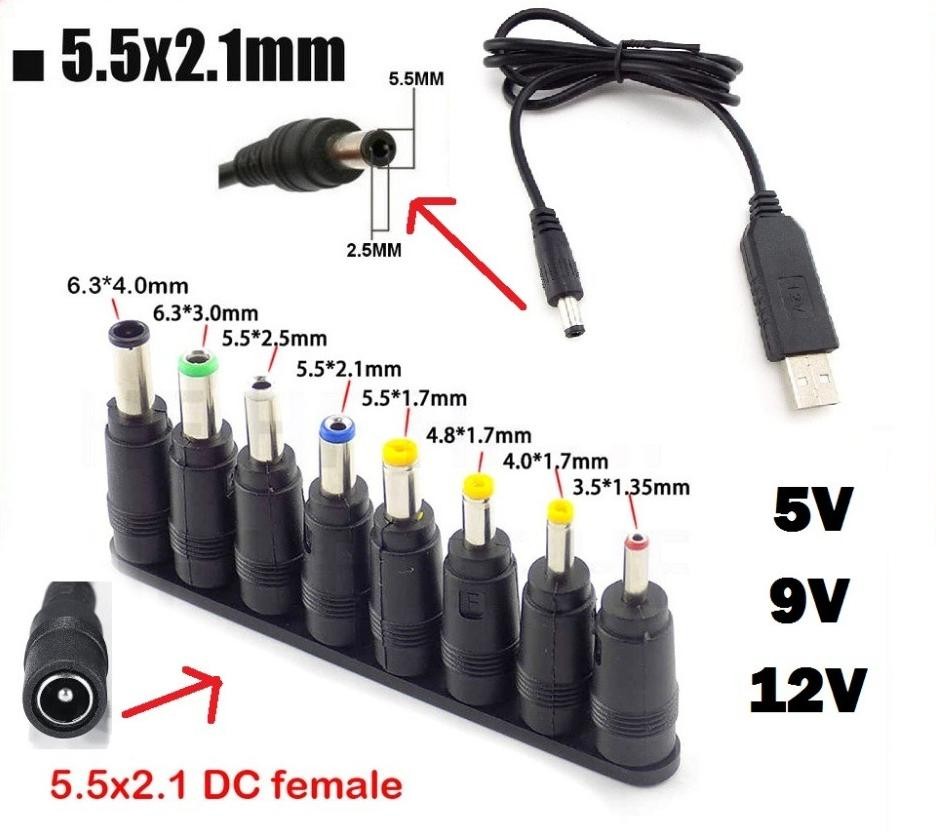 [AT] USB to DC 5.5 * 2.1mm Adapter 1m Cable with Interchangeable 8 ...