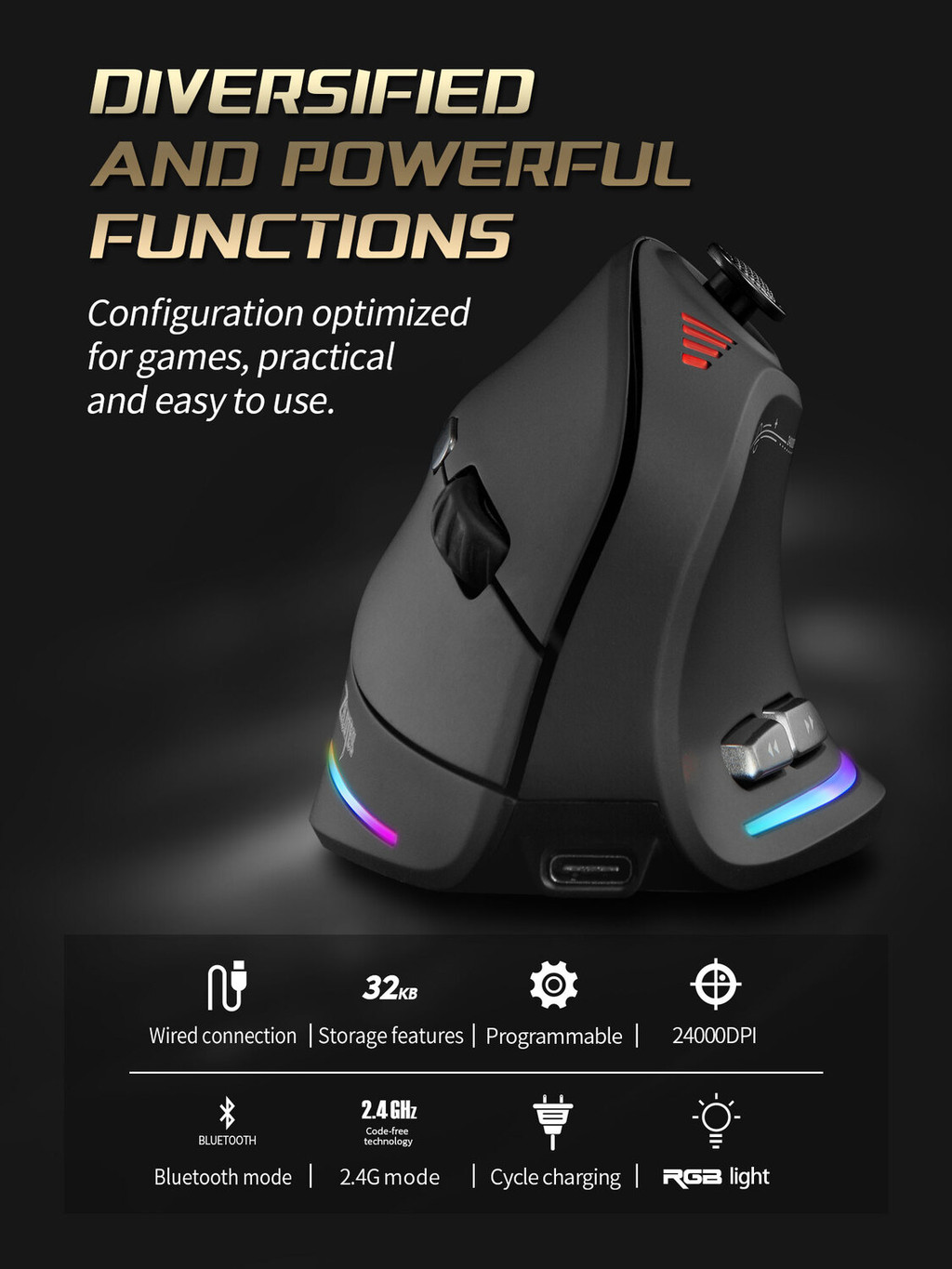 Wired Wireless Vertical Mouse with jostik Gaming Mouse Rgb Backlit ...