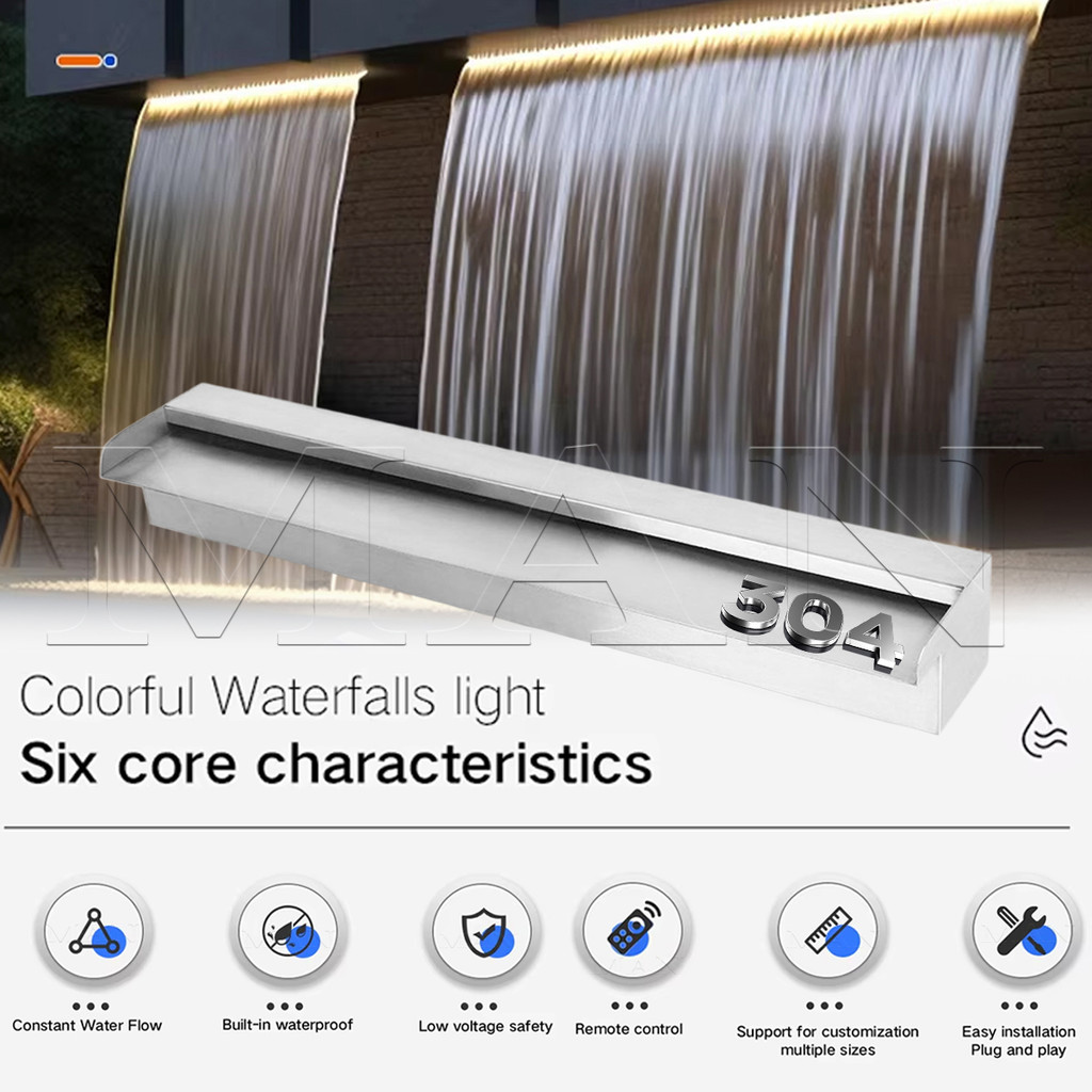 304 Stainless Steel Waterfall With LED Waterfall Pool Fountain LED ...
