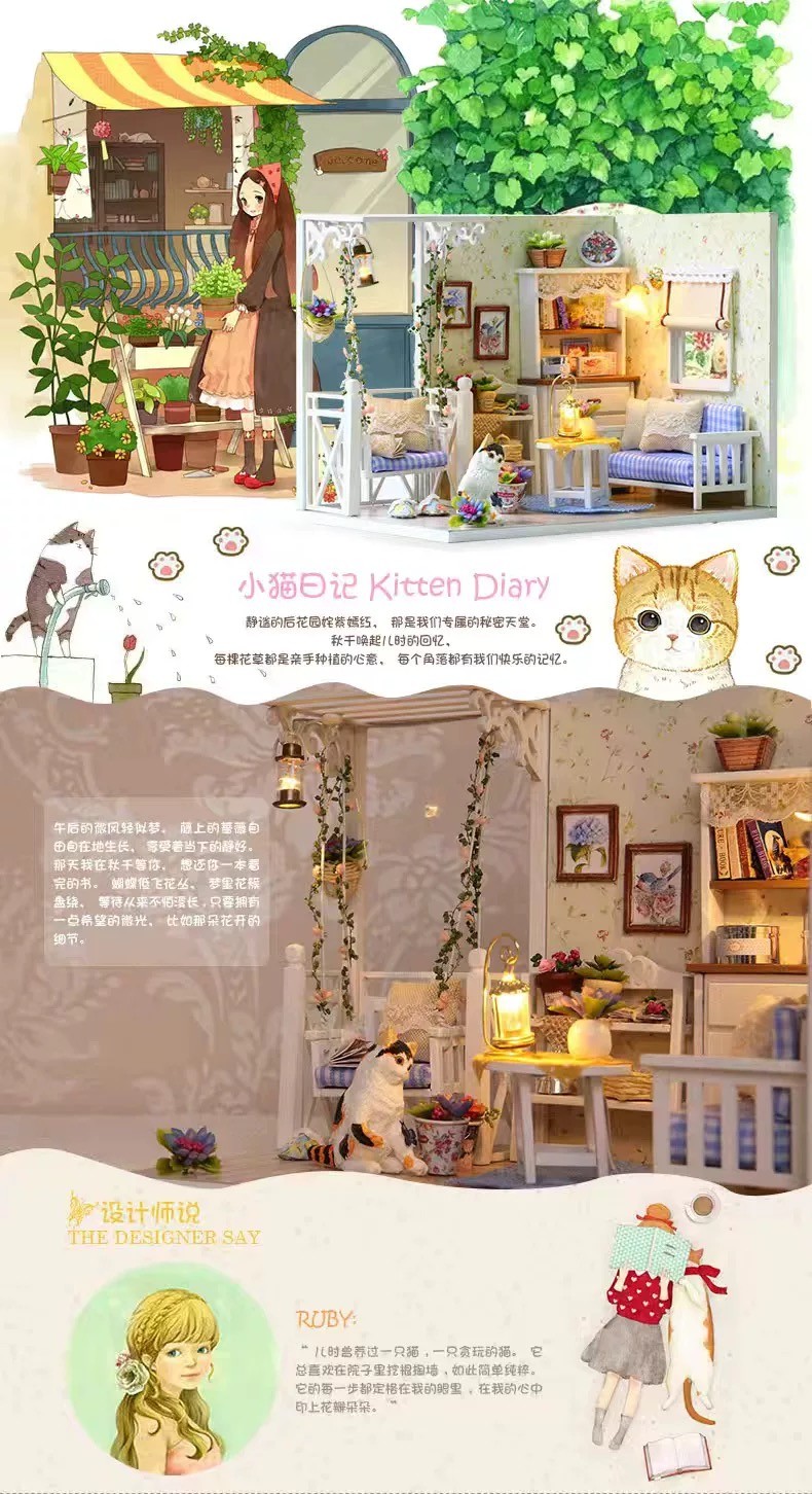 Rumah Mainan 智趣手工小屋拼装模型 DIY Miniature Kitten Diary Mini Home Dollhouse ...