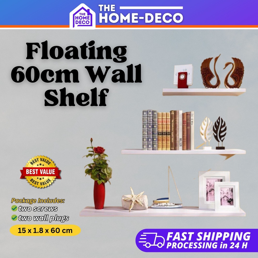 60cm Wall Mounted Shelf Home Decor Floating Shelf Rak Dinding Wall ...