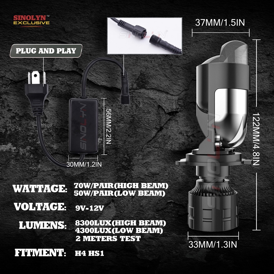 Plug And Play H4 Mini BI LED Projector Headlight Lens H4 HS1 Light 70W Dual Lens High Low Beam ...
