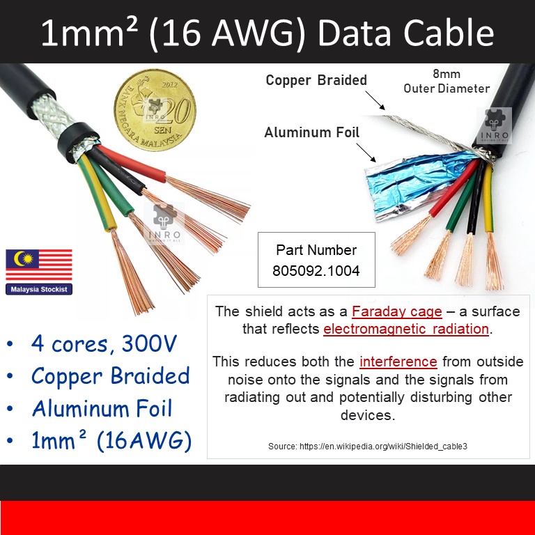 [1mm2 16 AWG ] 1meter 4core Shielded Copper braided Multi-conductor Data Transmission Cable ...