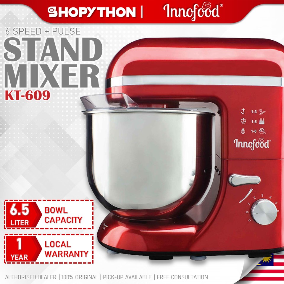 INNOFOOD Stand Mixer KT-609 - Red (6.5L/1300W) Whisk Flat Beater Dough Hook Splash Guard ...