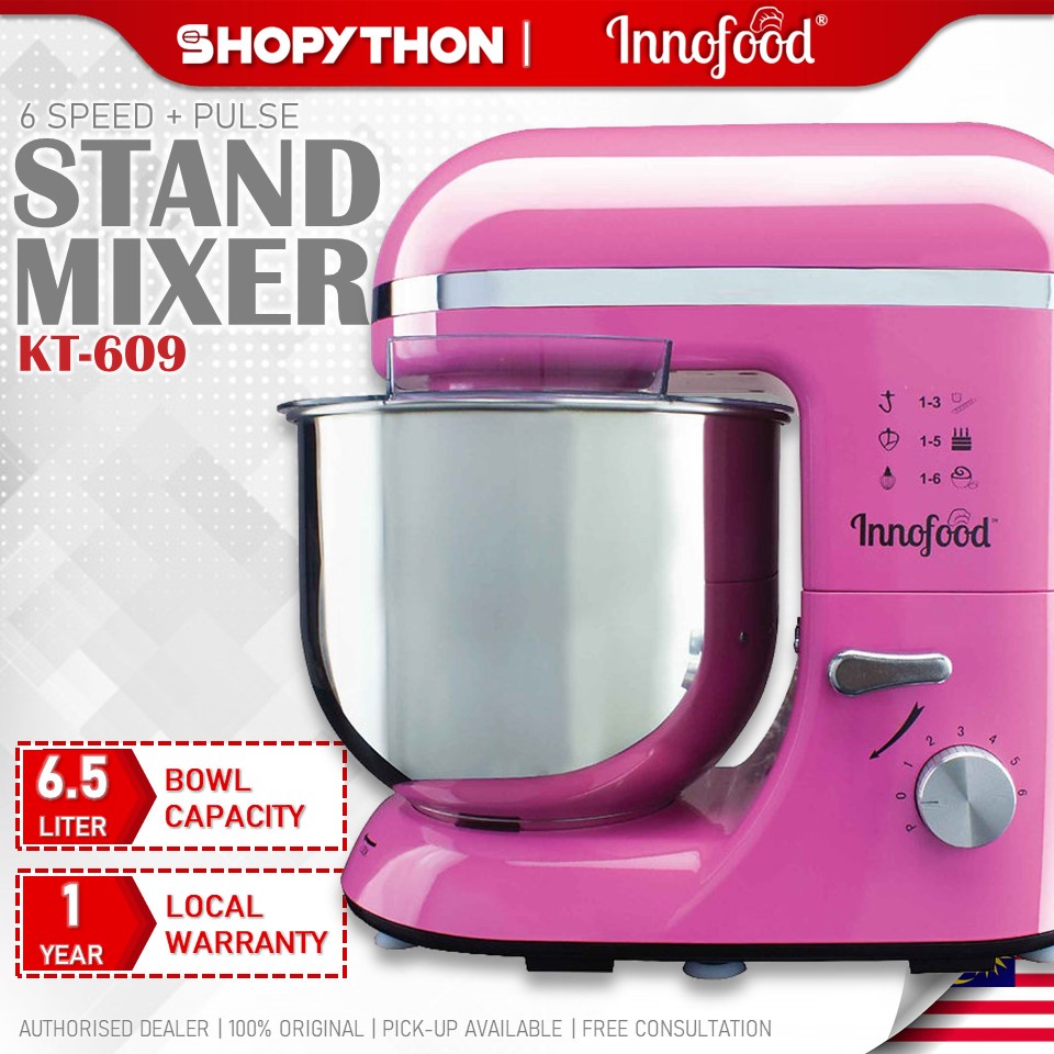 INNOFOOD Stand Mixer KT-609 - Pink (6.5L/1300W) Whisk Flat Beater Dough Hook Splash Guard ...