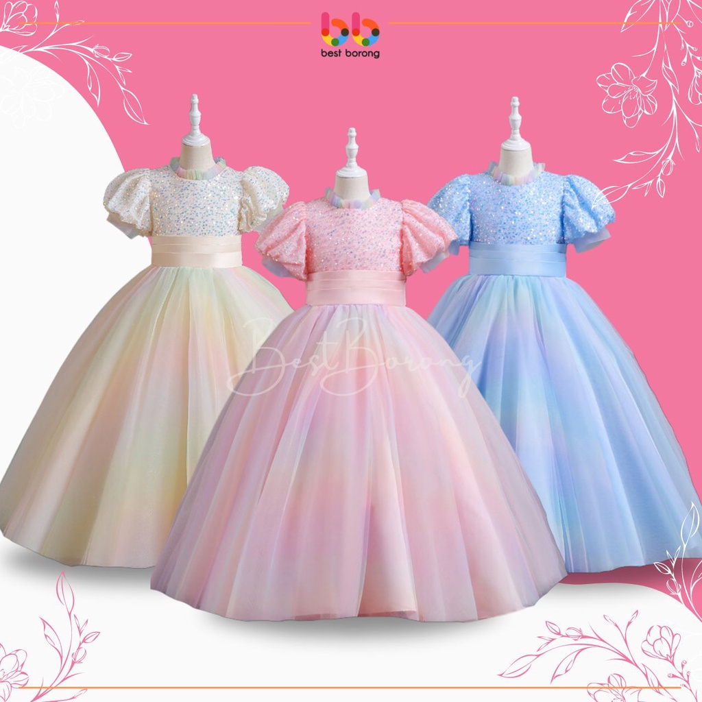 Princess Gown Children Girl Long Dress Sequin Plain Short Sleeve Gaun ...