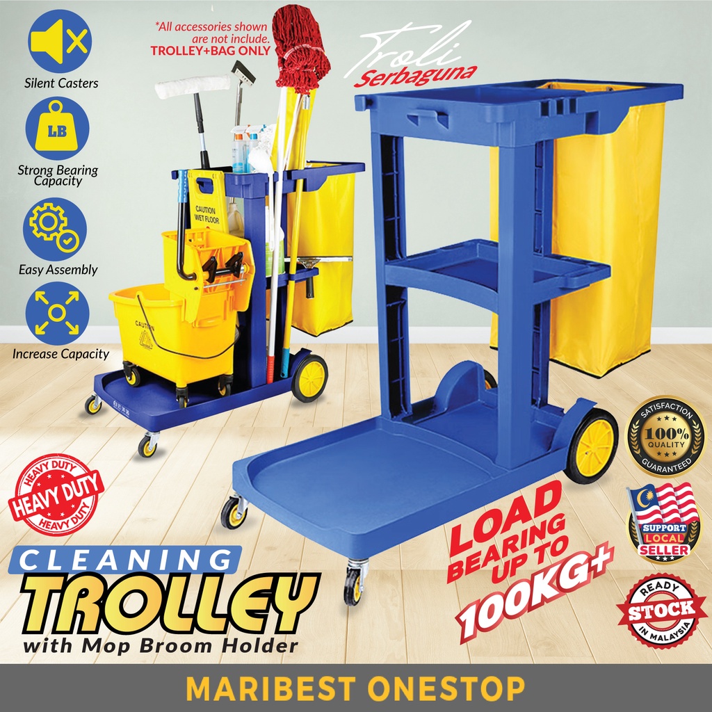 Heavy Duty Housekeeping Blue Trolley with Broom Mop Holder Multipurpose ...