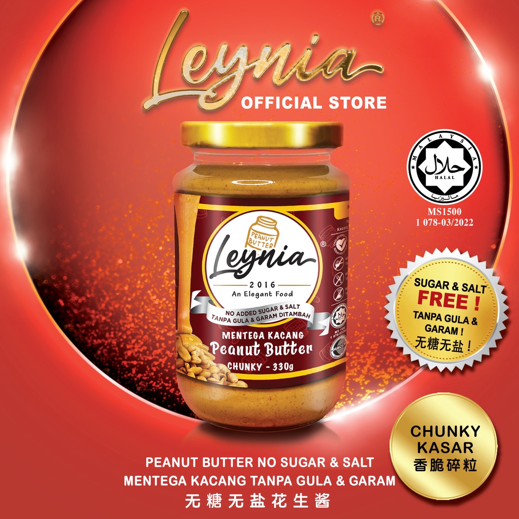 LEYNIA® Peanut Butter Sugar & Salt Free 330g - Chunky /LEYNIA® Mentega Kacang Tanpa Gula & Garam ...