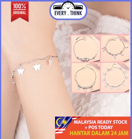 925 Silver Gelang Women Silver Bracelet Charm Multilayer Heart Flower ...