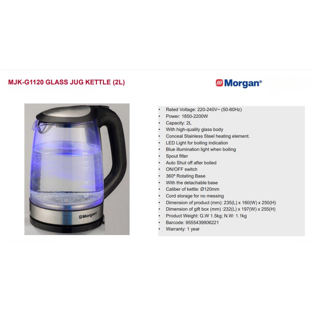 MORGAN 2200W ELECTRIC KETTLE (2.0L) WITH HIGH QUALITY GLASS BODY MJK ...