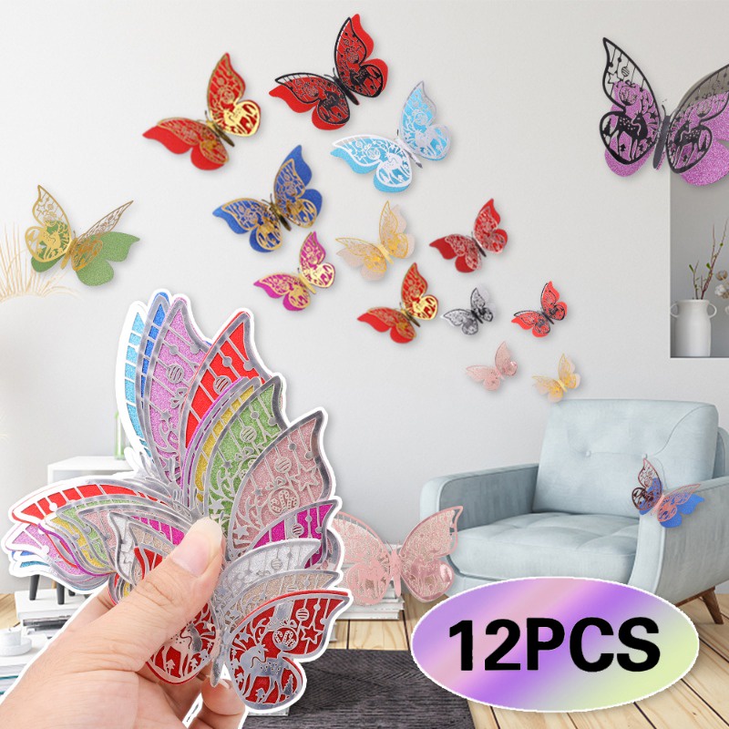 12Pcs 3D Double Layer Hollow Butterfly Wall Sticker / Colorful ...