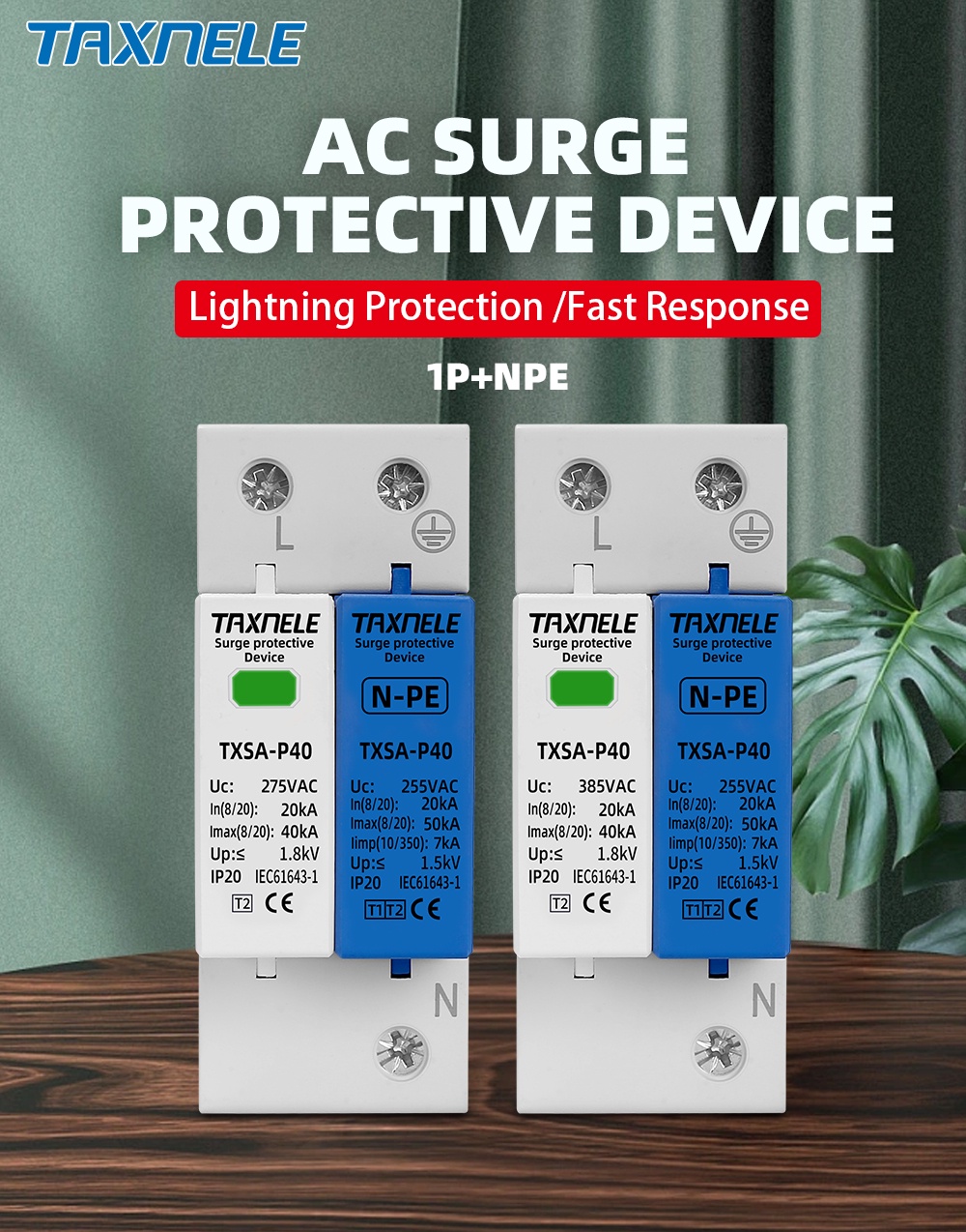 385V 275V 255V AC SPD Lightning Arrester 1P+NPE 40KA 50KA T1 T2 House Surge Protector Protective ...