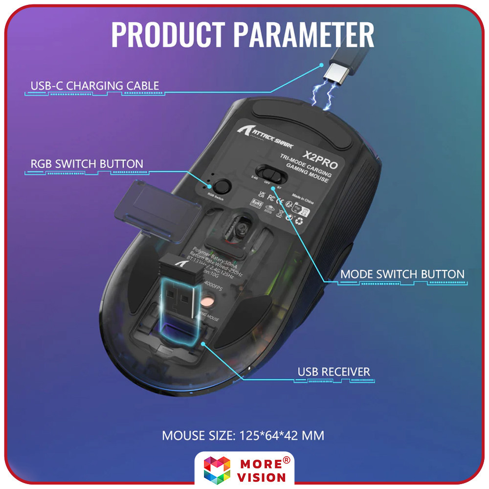 X2 Attack Shark Pro Mouse Wireless Charging Bluetooth Tri-Mode RGB ...