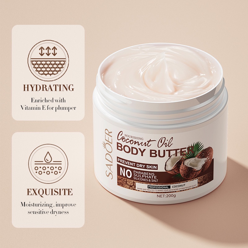 ROREC SADOER Nourishing Coconut Oil Body Butter Moisturizing Hydrating Scented Body Cream 200g ...