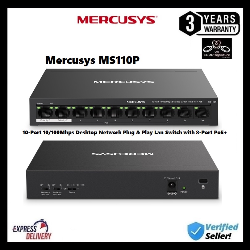 Mercusys MS110P 10-Port 10/100Mbps Desktop Network Plug & Play Lan Switch with 8-Port PoE+ ...