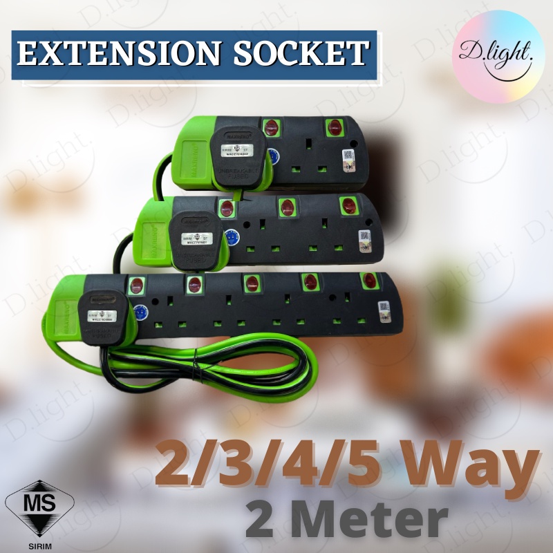 [sirim Plug] 2 3 4 5 Gang Way Universal Portable Multi Extension Wire Trailing Socket Neon Light
