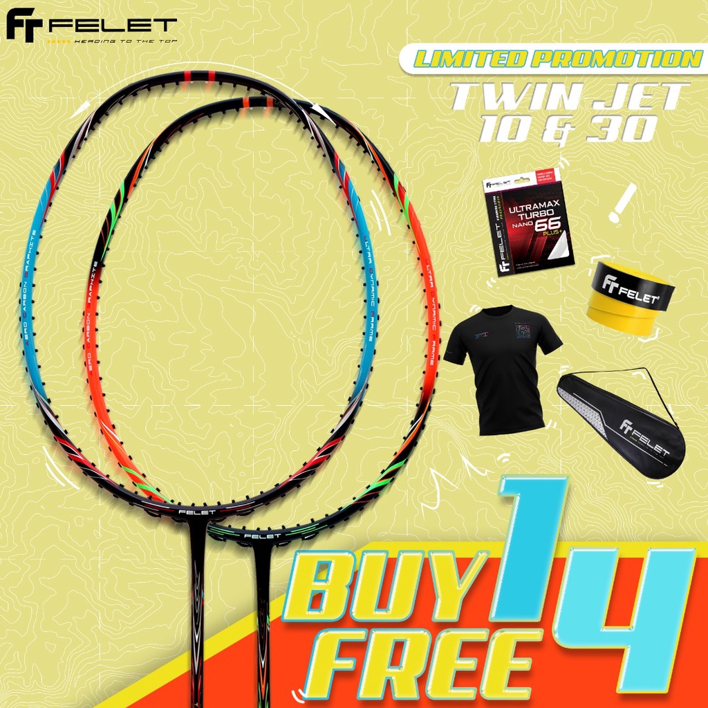 FELET TWIN JET BADMINTON RACKET BIG DEAL (FOC: STRING+GRIP+SHIRT+SINGLE ...